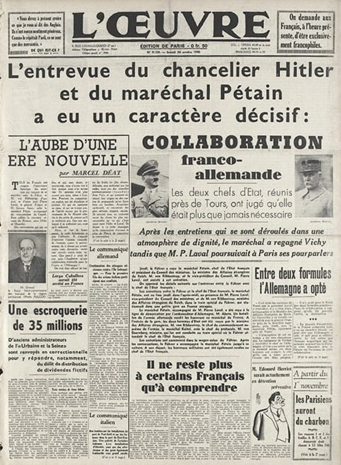 Après l’entrevue de Montoire (24 octobre 1940), L’Œuvre du 26 célèbre ...
